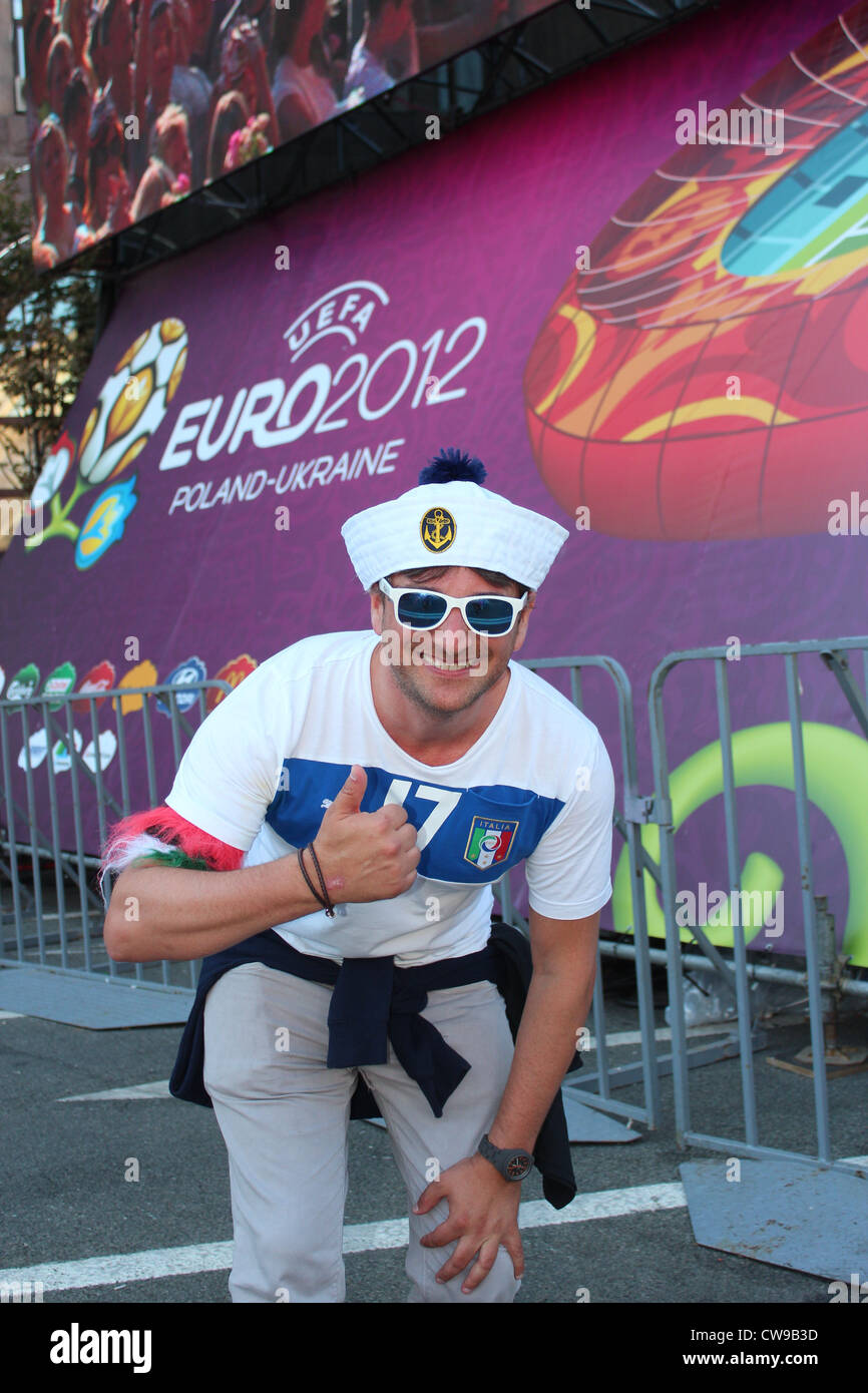 Italian Tifosy of Squadra Azzurra over Euro 2012 banner. Final. Kiev ...