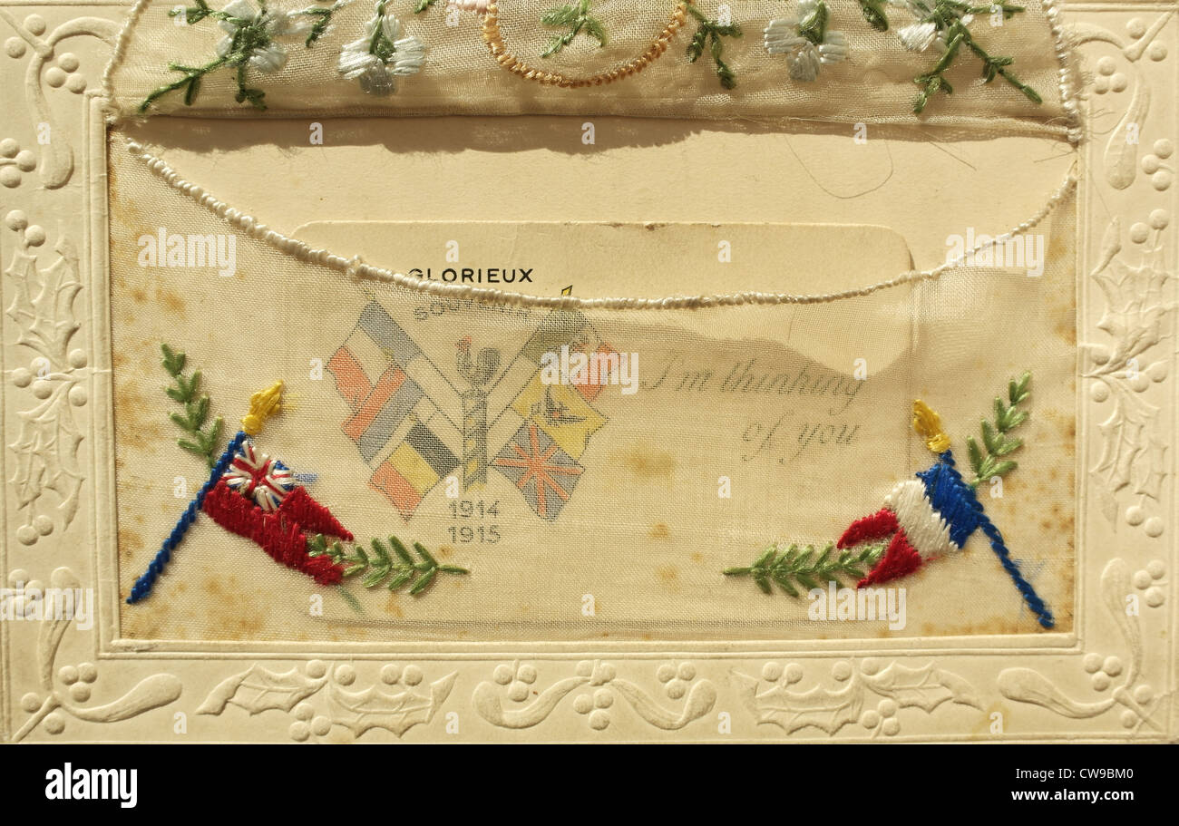 Open silk envelope-style postcard, with embroidered flowers, French ...
