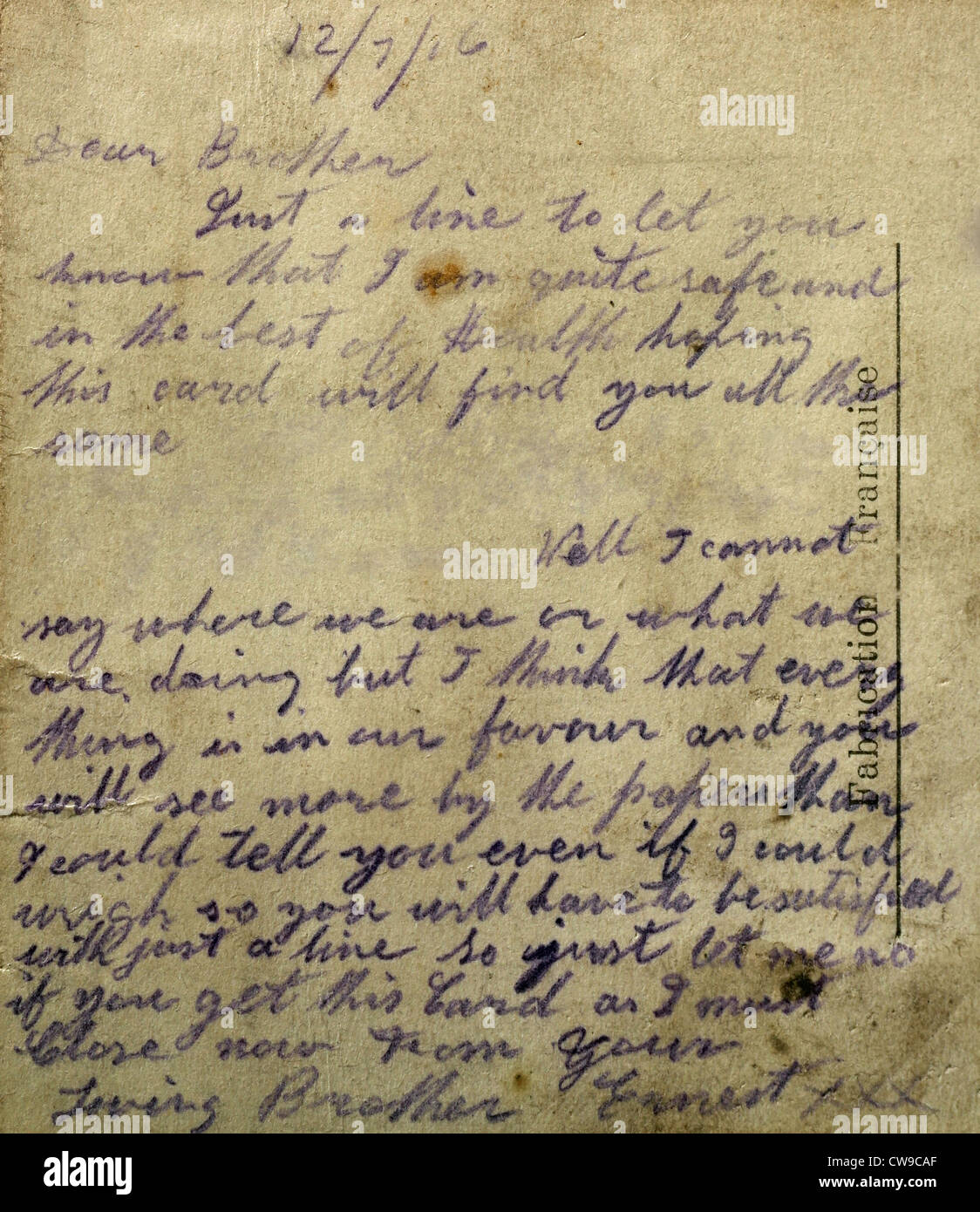 World war 1 Silk card letter, dated 12/7/16, with the brief words of a ...