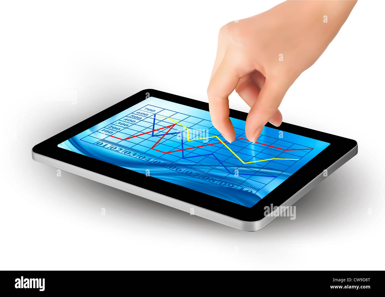 Tablet screen with graph and a hand Stock Photo - Alamy