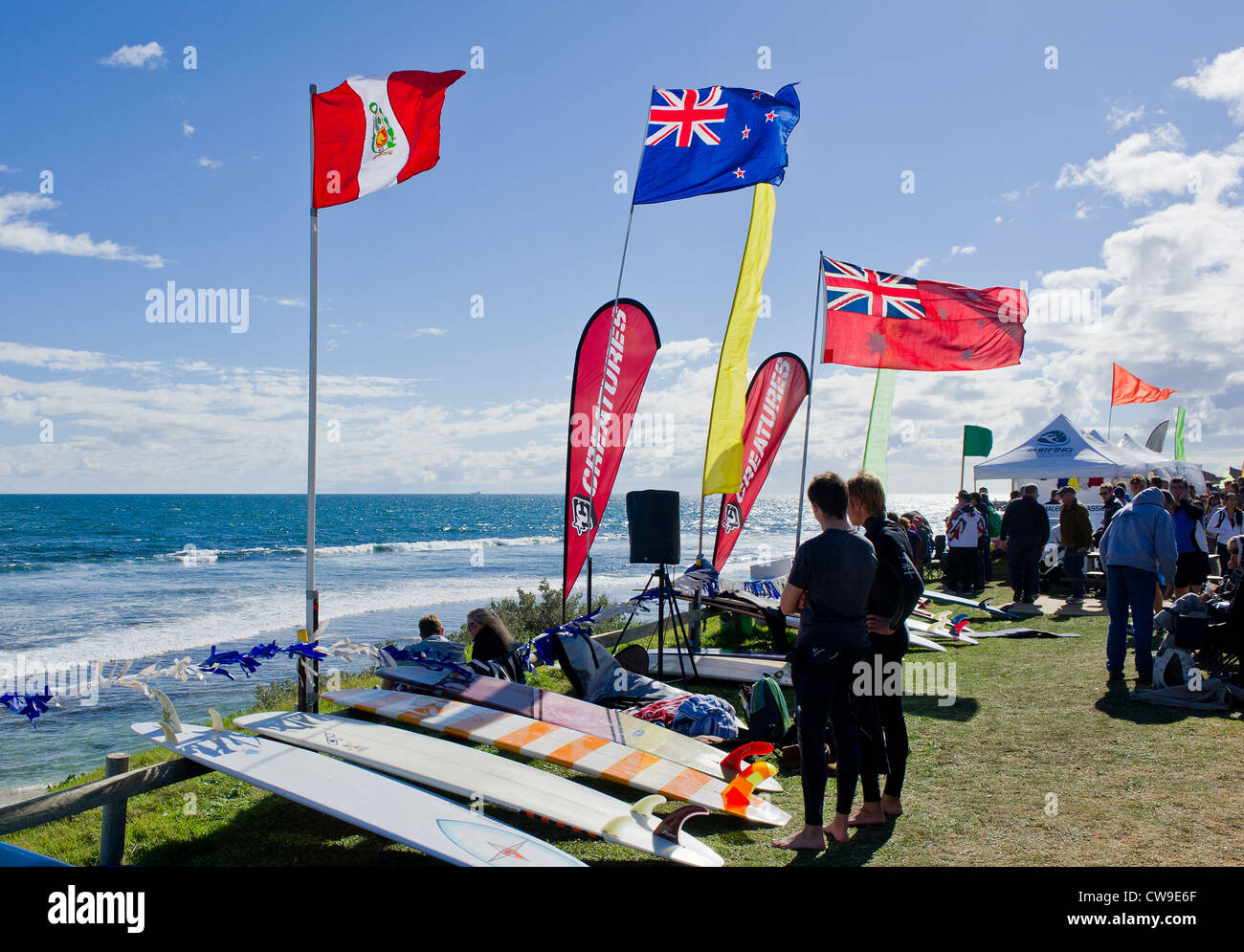 Flags flying at surfing competition at Isolators Reef in Western ...