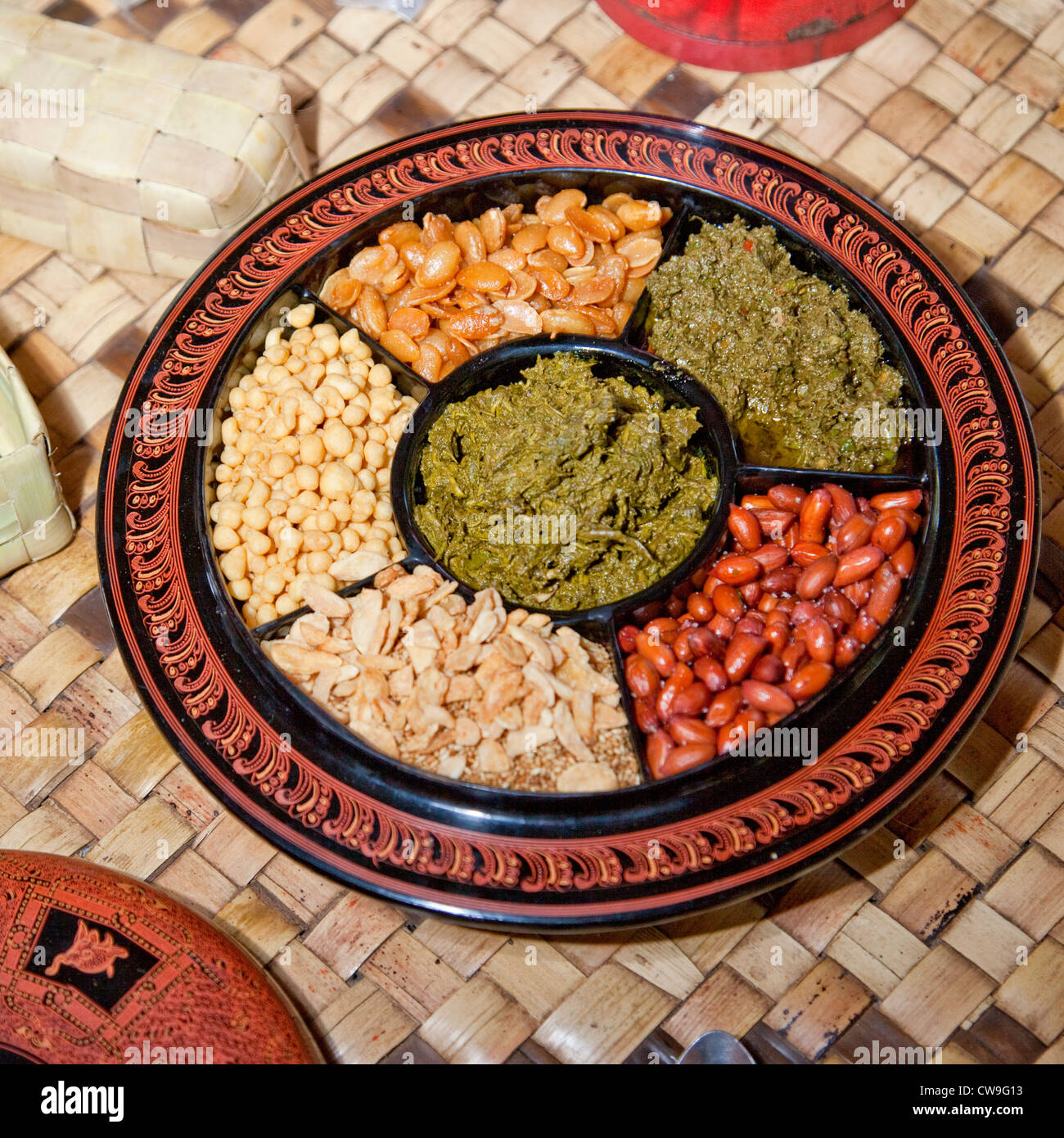 Myanmar, Burma. Burmese Appetizers: Pickled Tea Leaves, Flat Beans ...