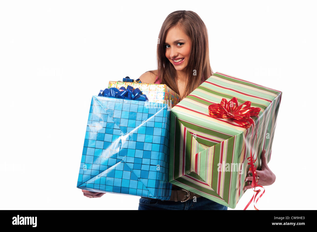 beautiful young woman holding boxes with gifts, isolated background ...