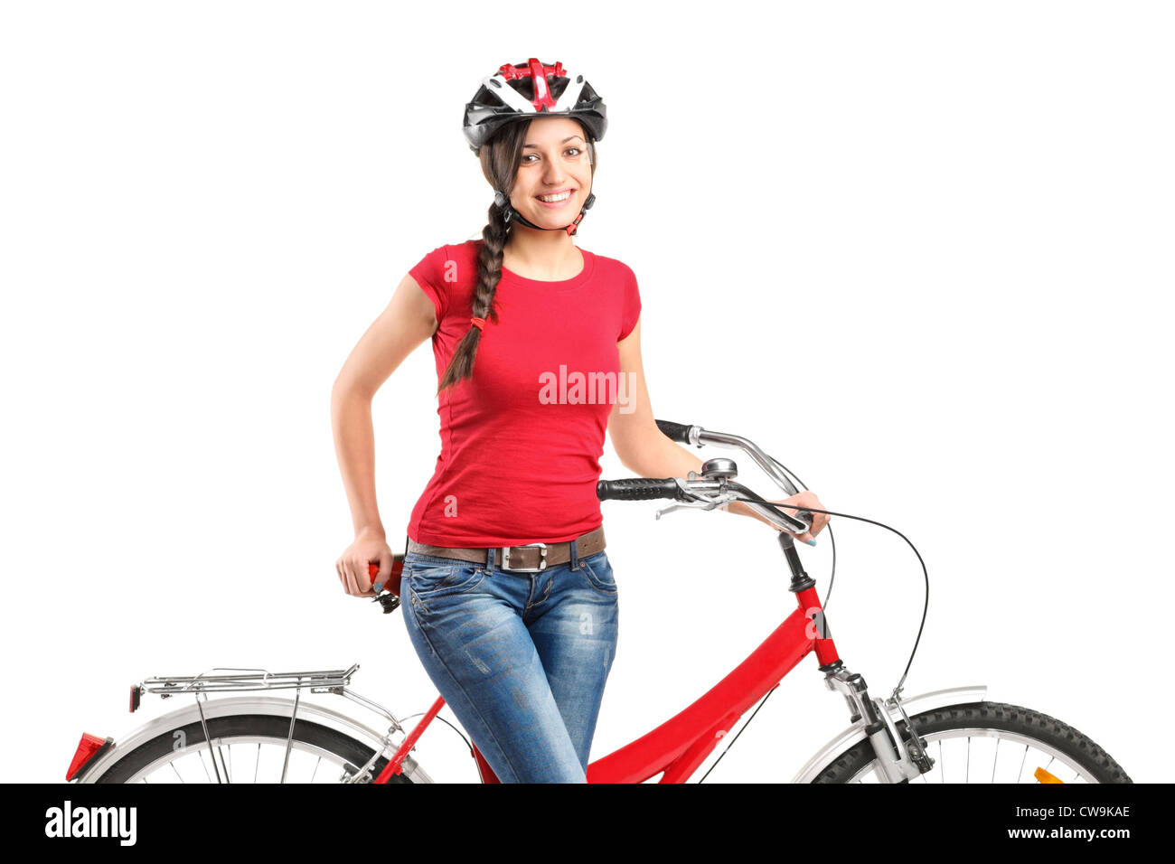 Young female standing with a bicycle isolated on white Stock Photo - Alamy