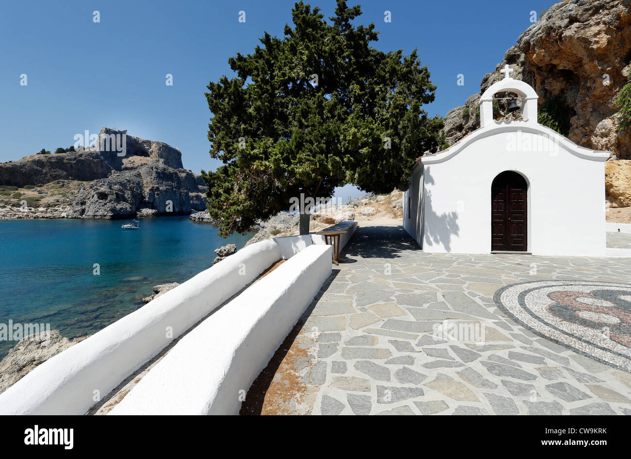 The small church of St Paul on the bay of lindos, Rhodes, Greece Stock ...