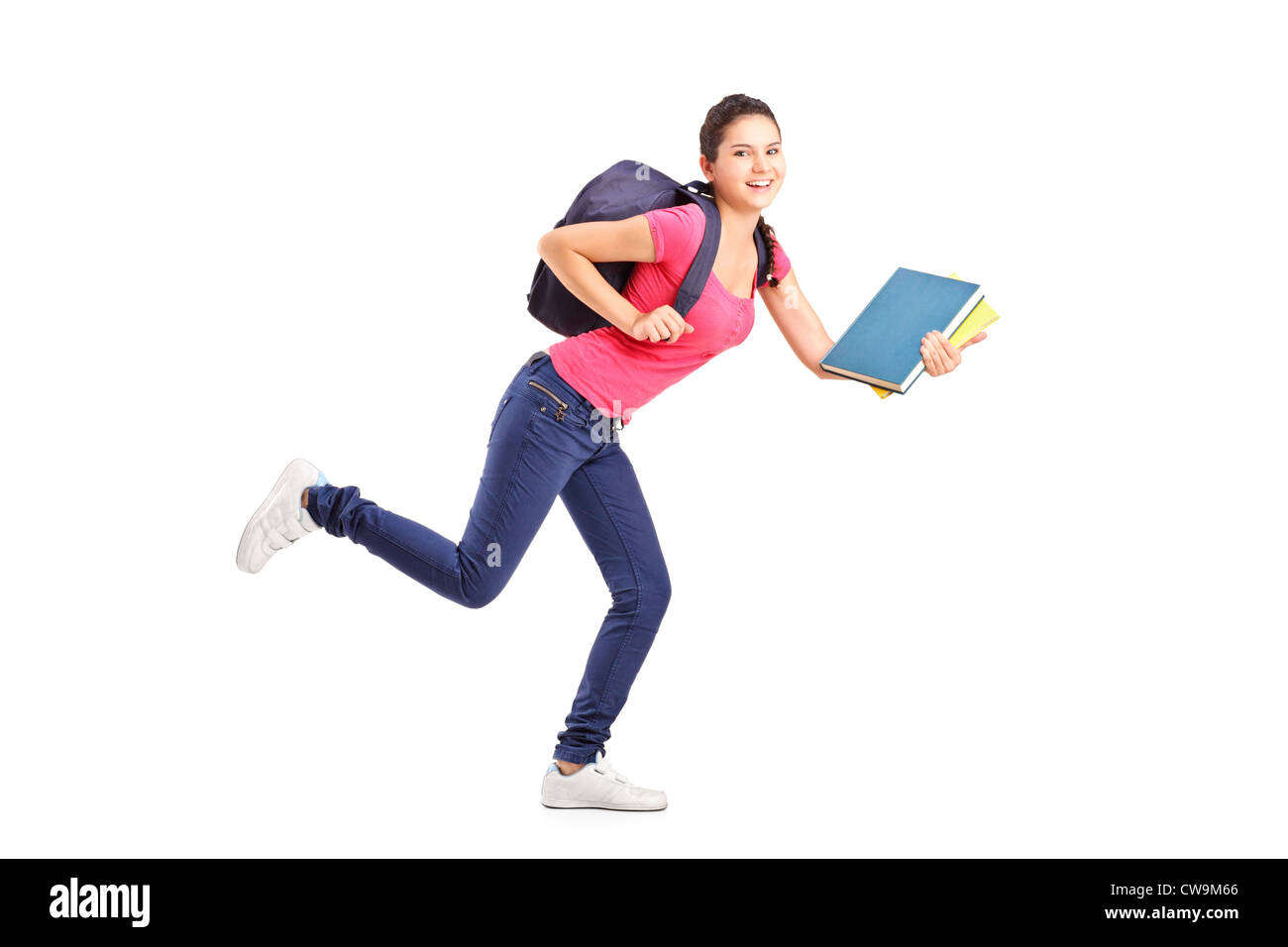 Full length portrait of a college student in a hurry running with ...