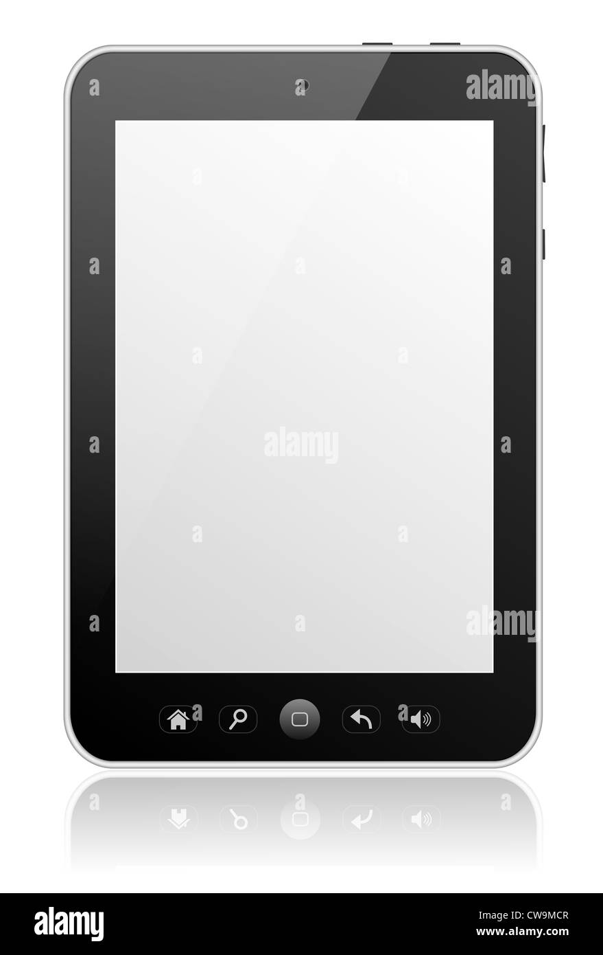 Digital tablet PC with blank screen isolated on white with reflection ...