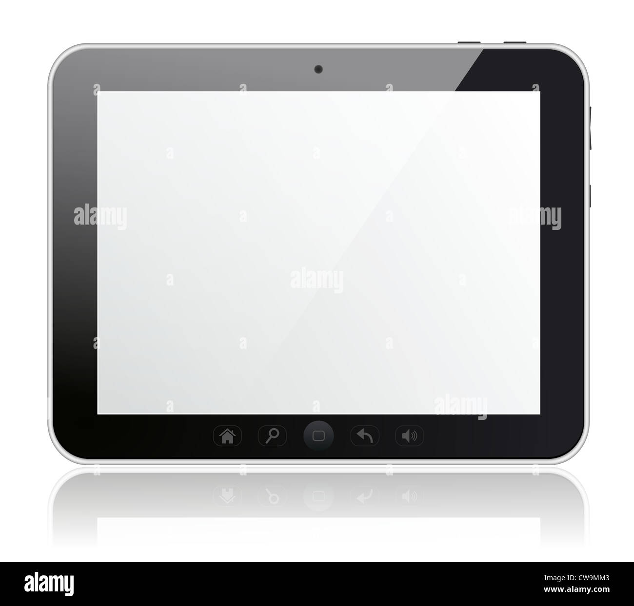 Digital tablet PC with blank screen isolated on white with reflection ...