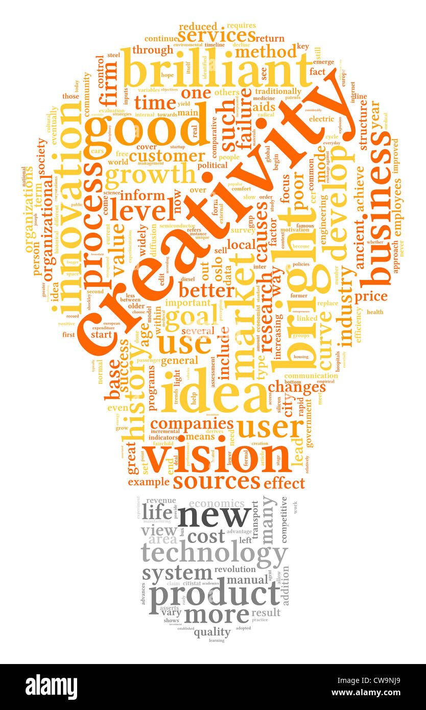 Creativity concept related words in tag cloud of bulb shape Stock Photo ...