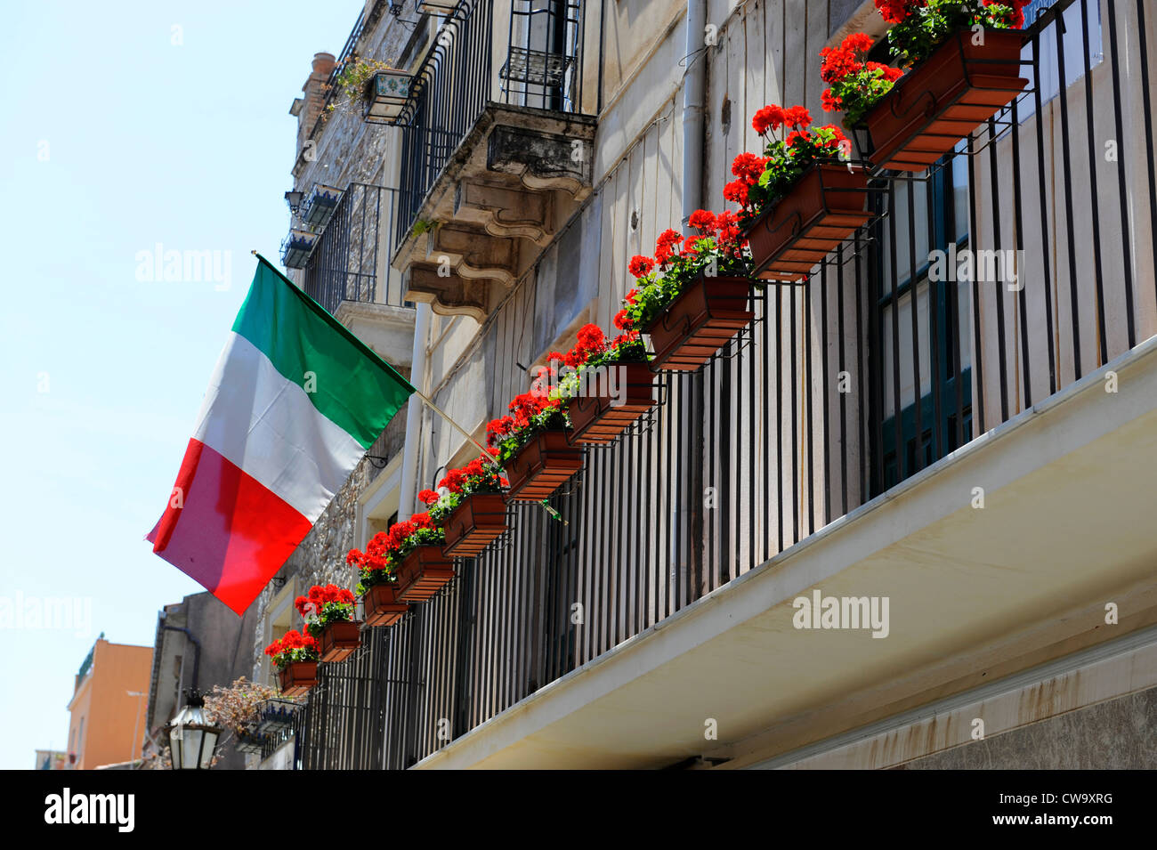 Italian Flag Red Geraniums Flowers Taormina Sicily Mediterranean Sea ...