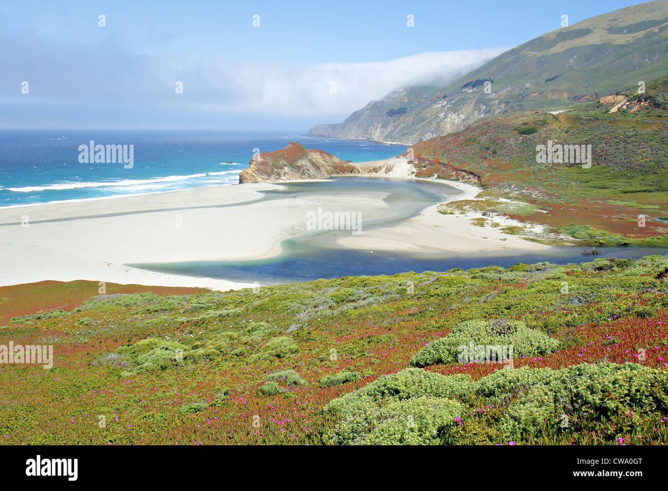Wide sandy beach bordered by colorful vegetation and hills Stock Photo ...