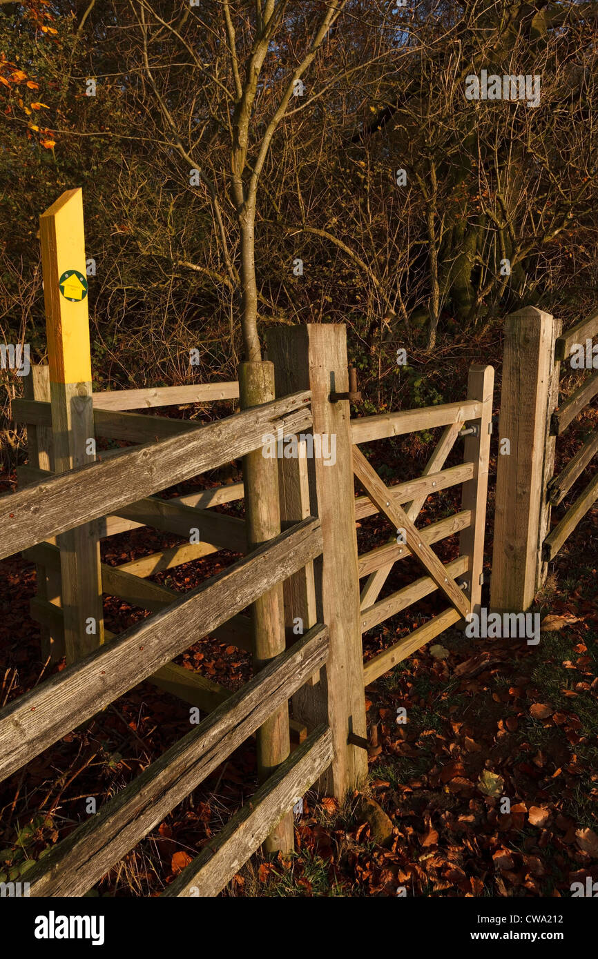 Wooden kissing gate on public footpath on the slopes of Burrough Hill ...