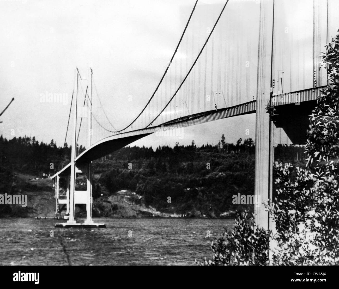 The narrows bridge across Puget Sound in Tacoma, Washington is twisted ...