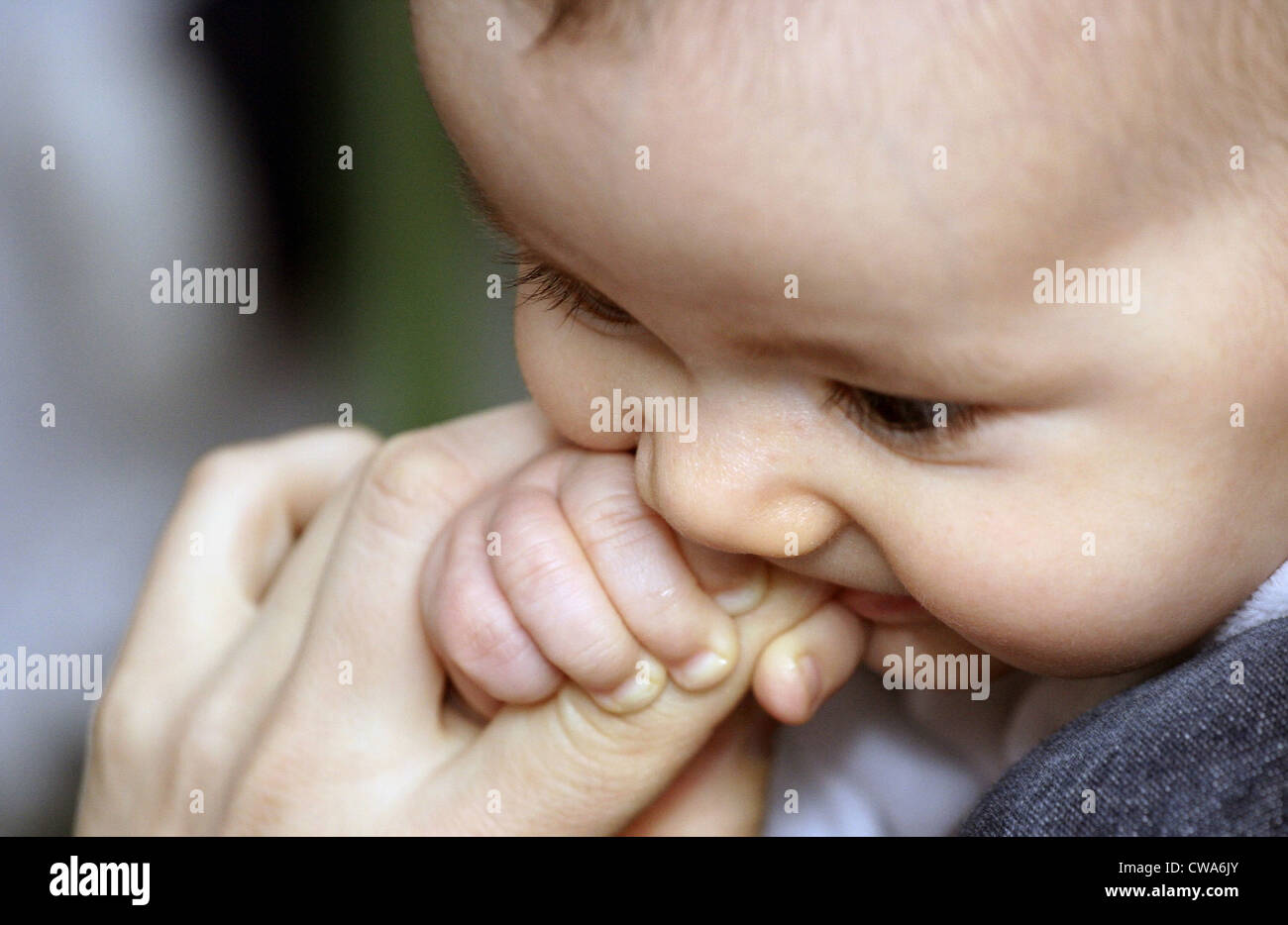Baby holds tight to a mother's hand Stock Photo - Alamy