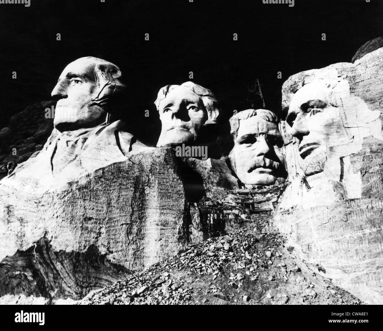 A nearly completed Mount Rushmore, with the faces of U.S. Presidents ...