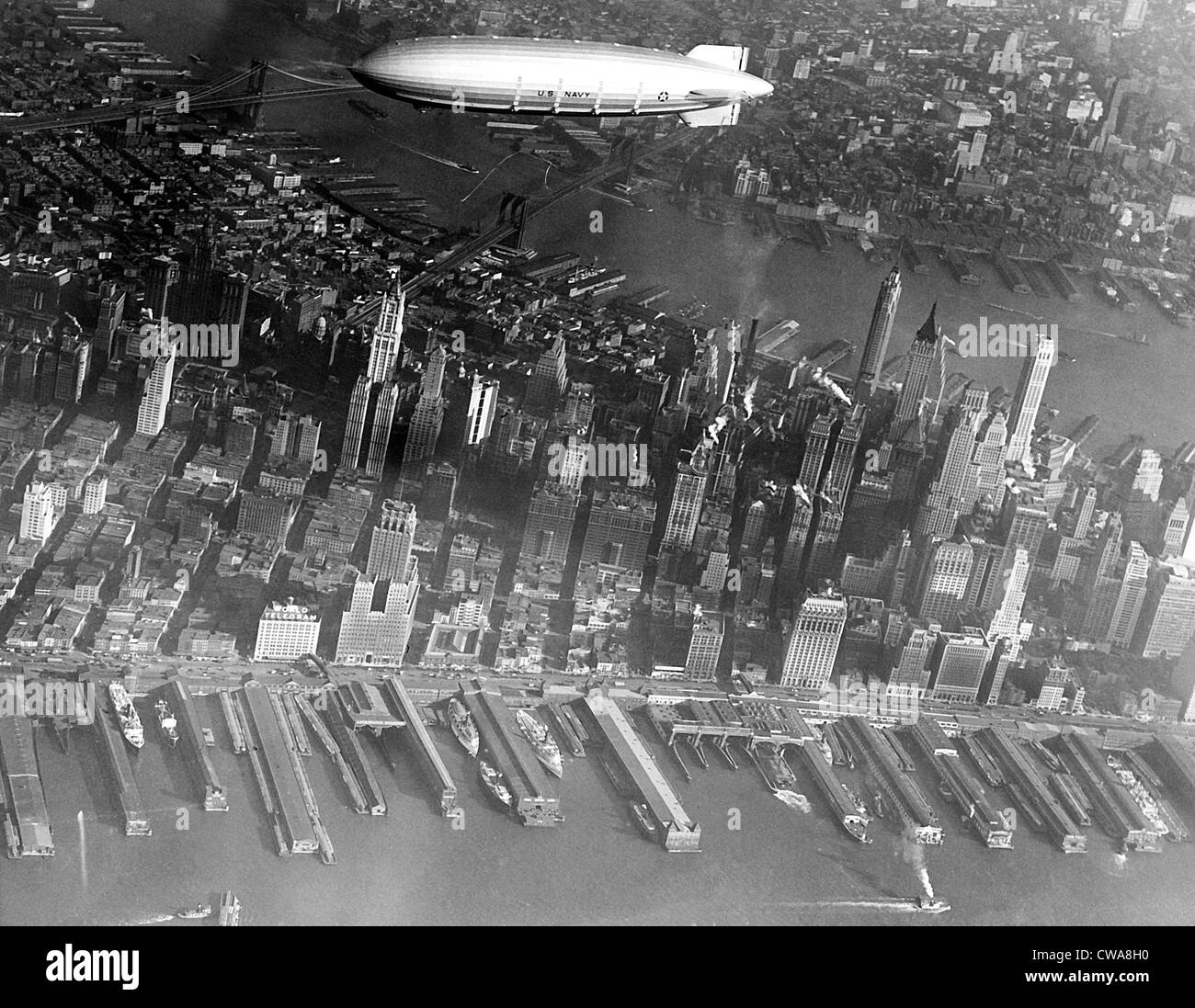 New York City, aerial view of the U.S.S. Akron dirigible, flying over ...
