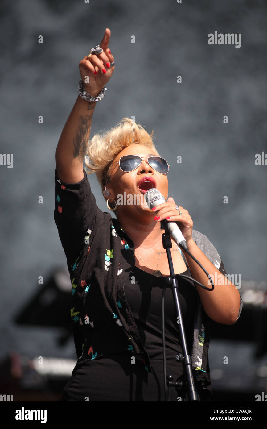 Emile Sande performing live on stage at V Festival in Hylands Park ...