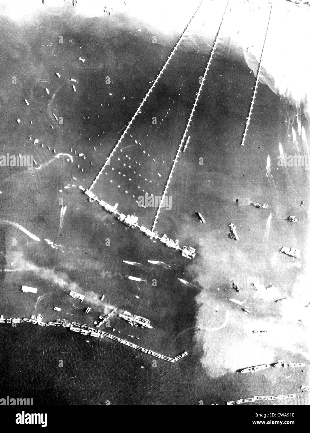 NORMANDY, aerial shot of prefabricated harbors on the coast of Normandy ...