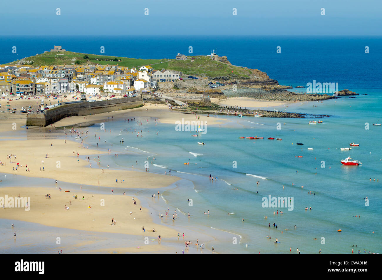 Above St. Ives harbour beach on a sunny day in Cornwall UK Stock Photo ...