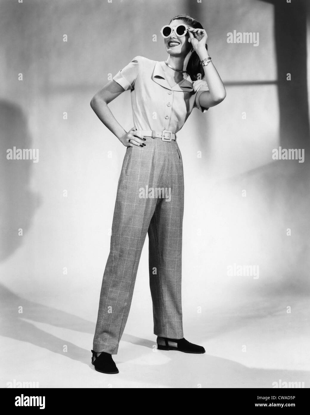 A model wears a pair of slacks designed by Claire Potter, circa 1947 ...