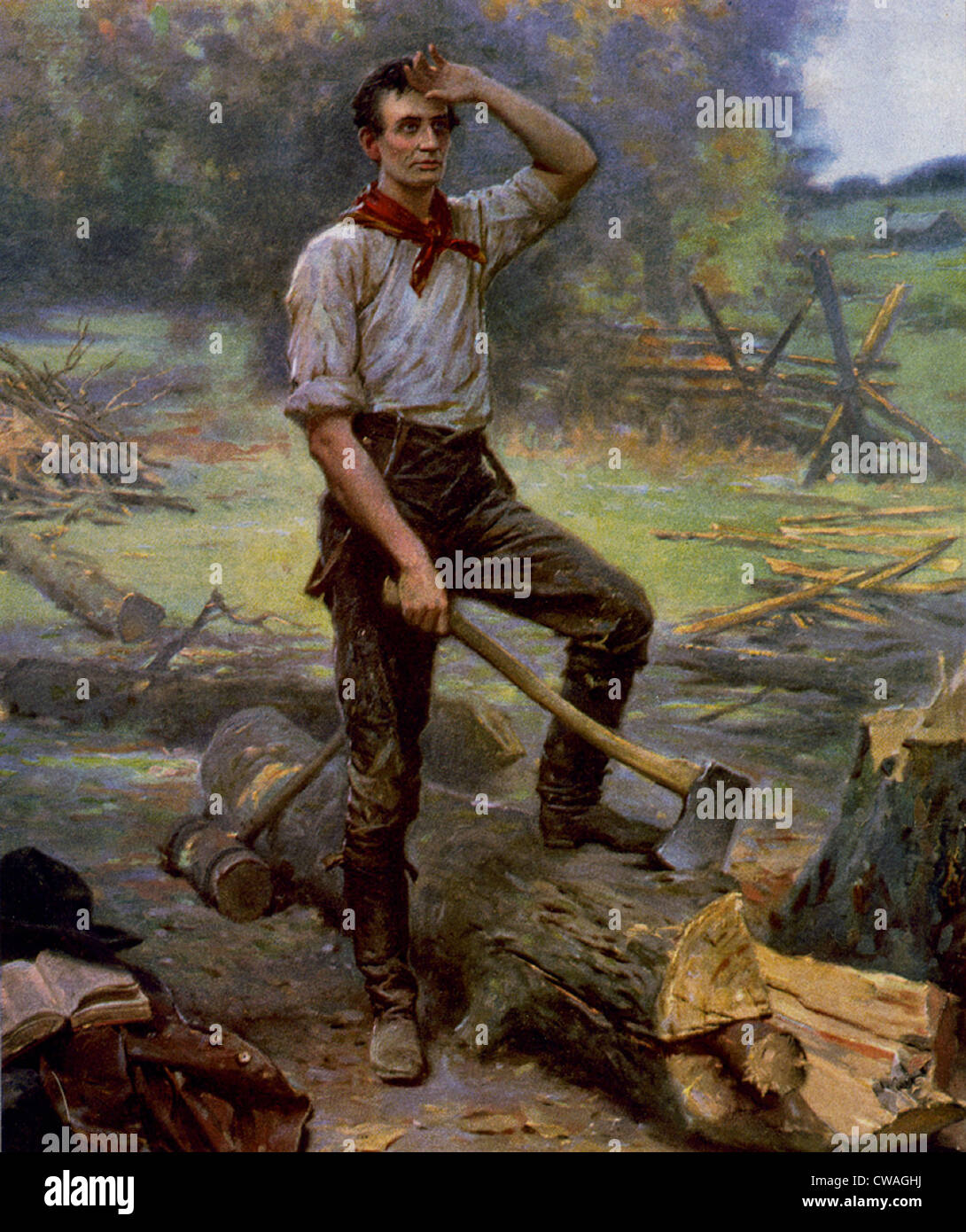 Abraham Lincoln (1809-1865) depicted as a frontier rail splitter in ...