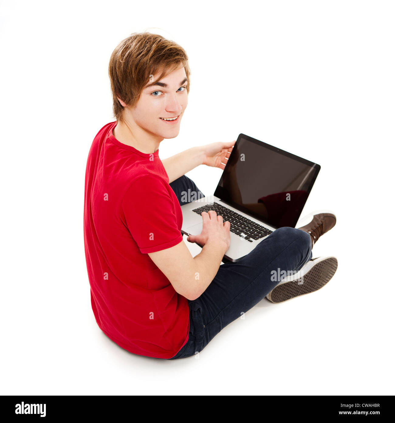 Confident man pointing laptop Cut Out Stock Images & Pictures - Alamy