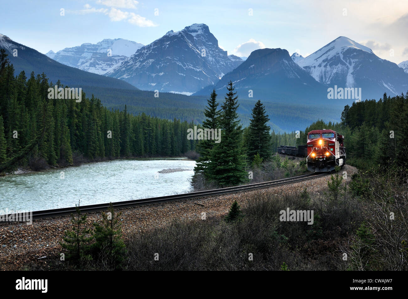 Eastbound train and Bow Range, Banff National Park, Alberta, Canada Stock Photo - Alamy