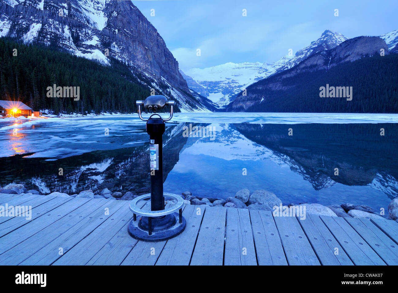 Binoculars looking over Lake Louise towards Mount Victoria, Banff ...