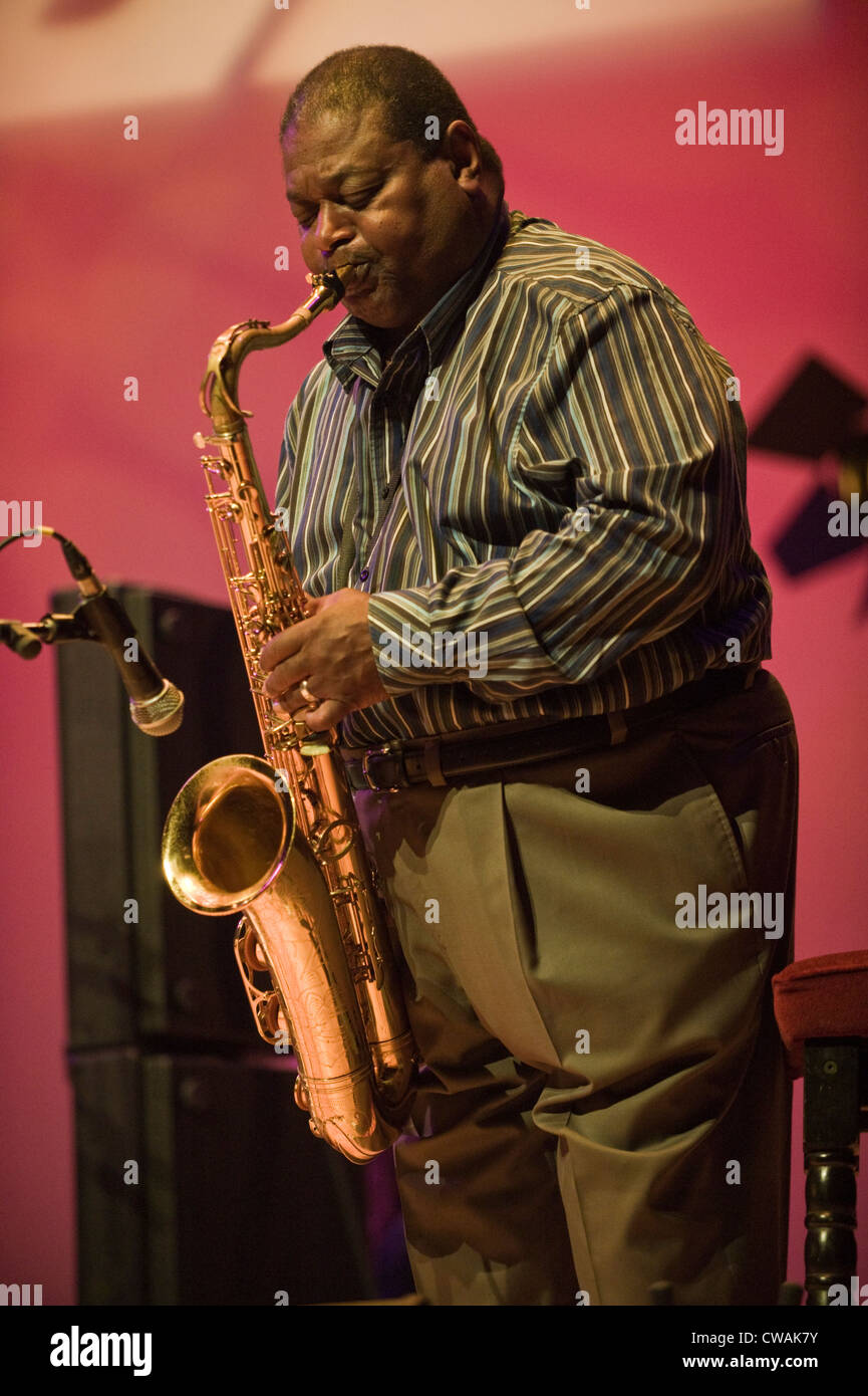 Tenor sax player Pee Wee Ellis performing at Brecon Jazz Festival 2012 ...