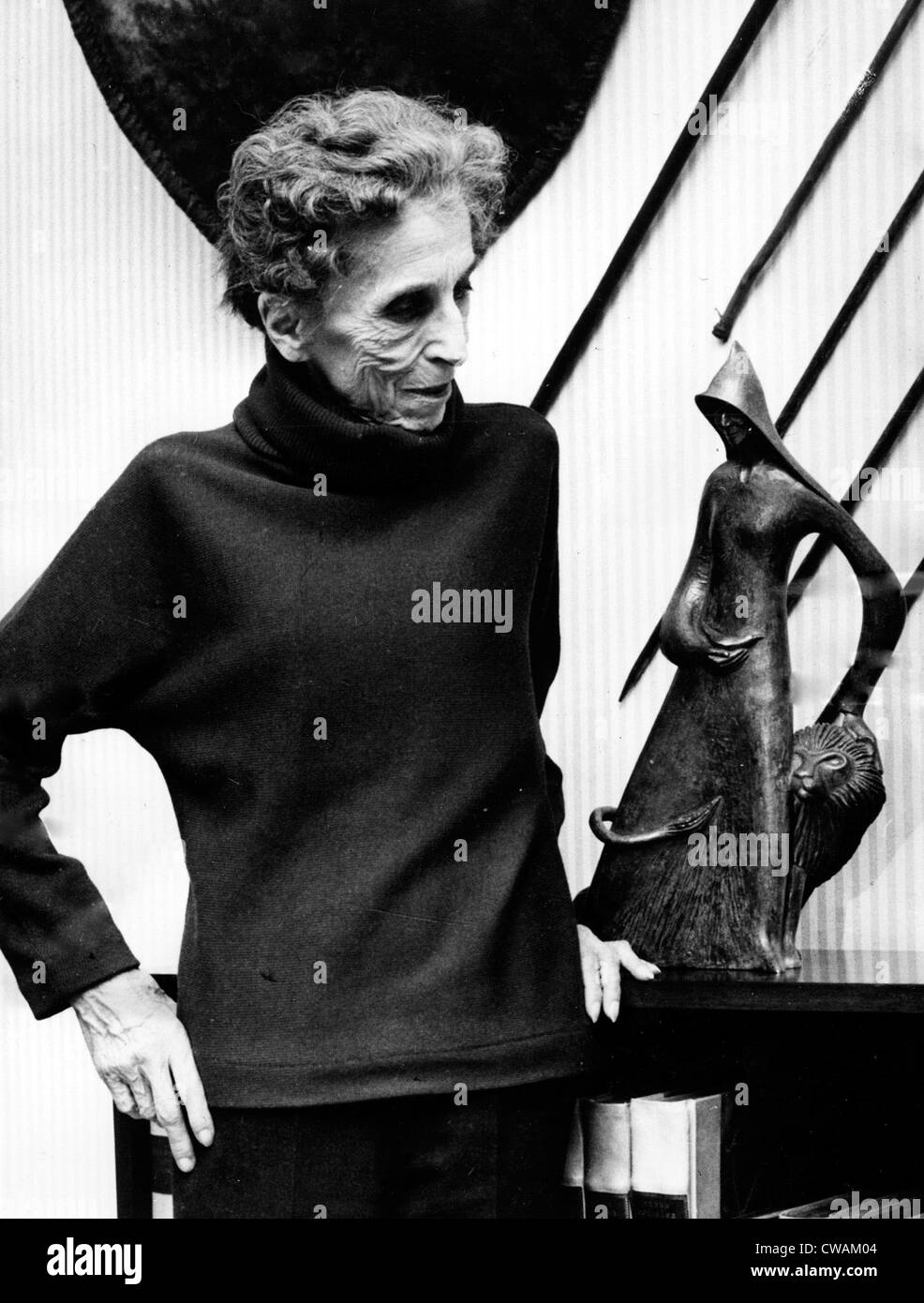Karen Blixen, aka Isak Dinesen, beside a sculpture by Emile Norman ...