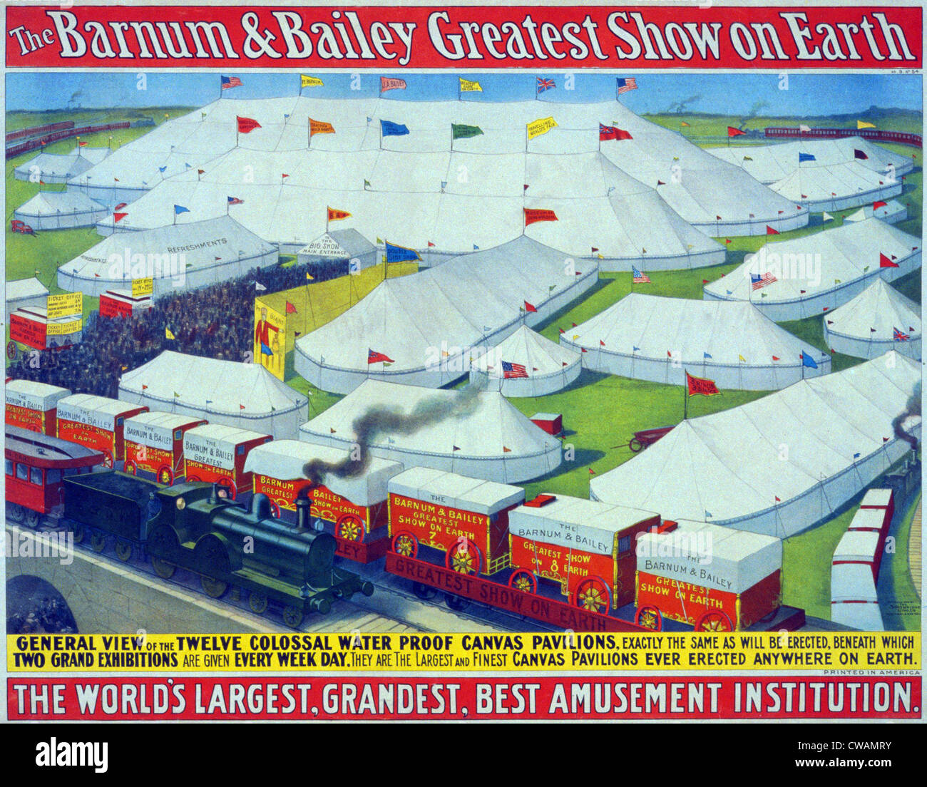 Poster for Barnum & Bailey circus with general view of main tent ...