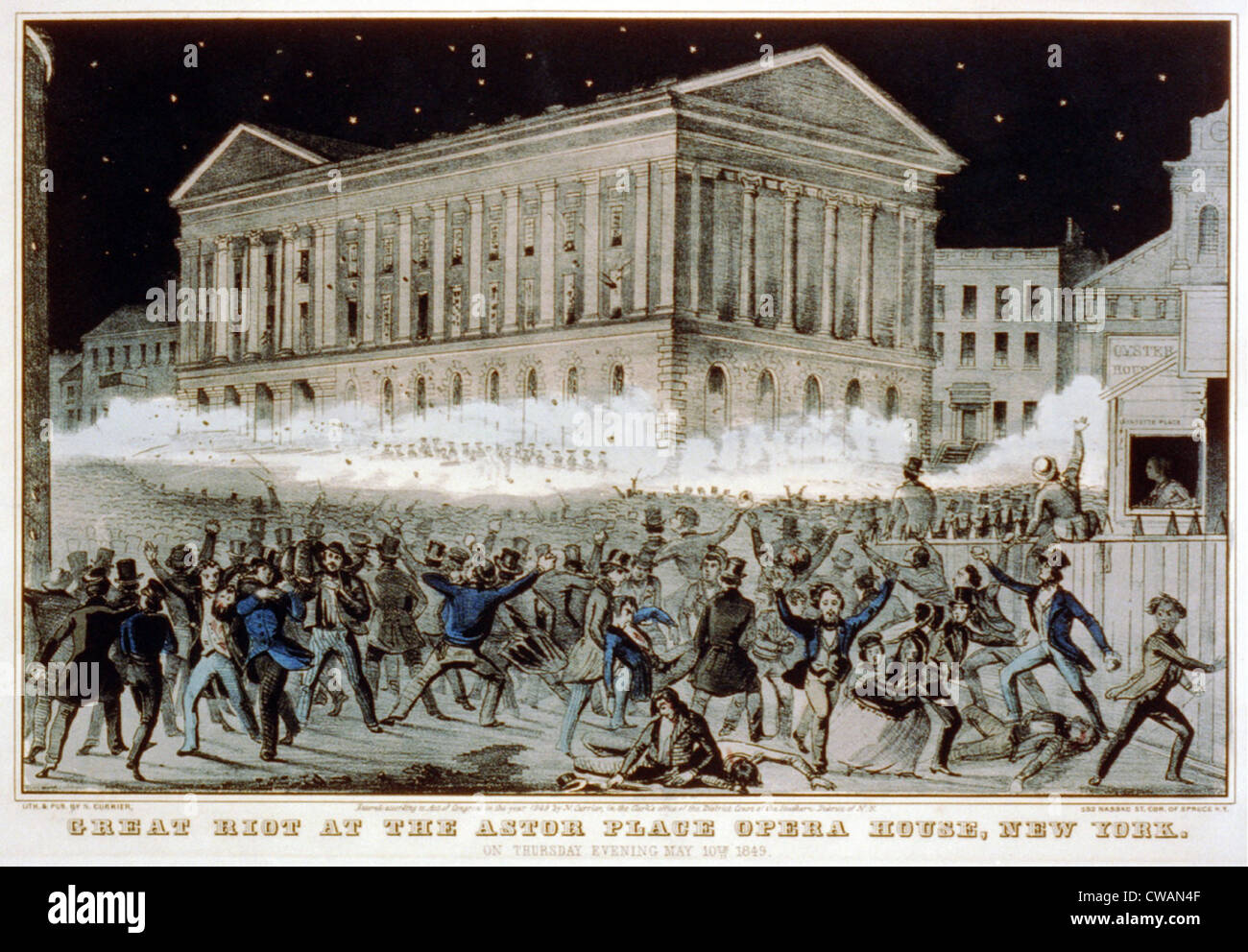 Astor Place Riot. New York state militia firing at rioters outside ...