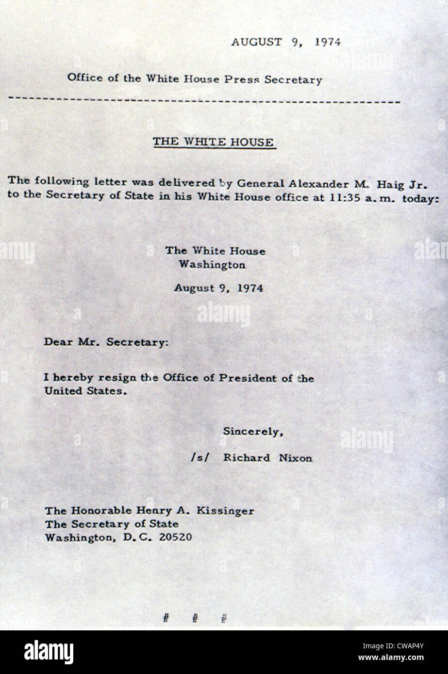 Richard Nixon's Letter Of Resignation as President of the United States ...