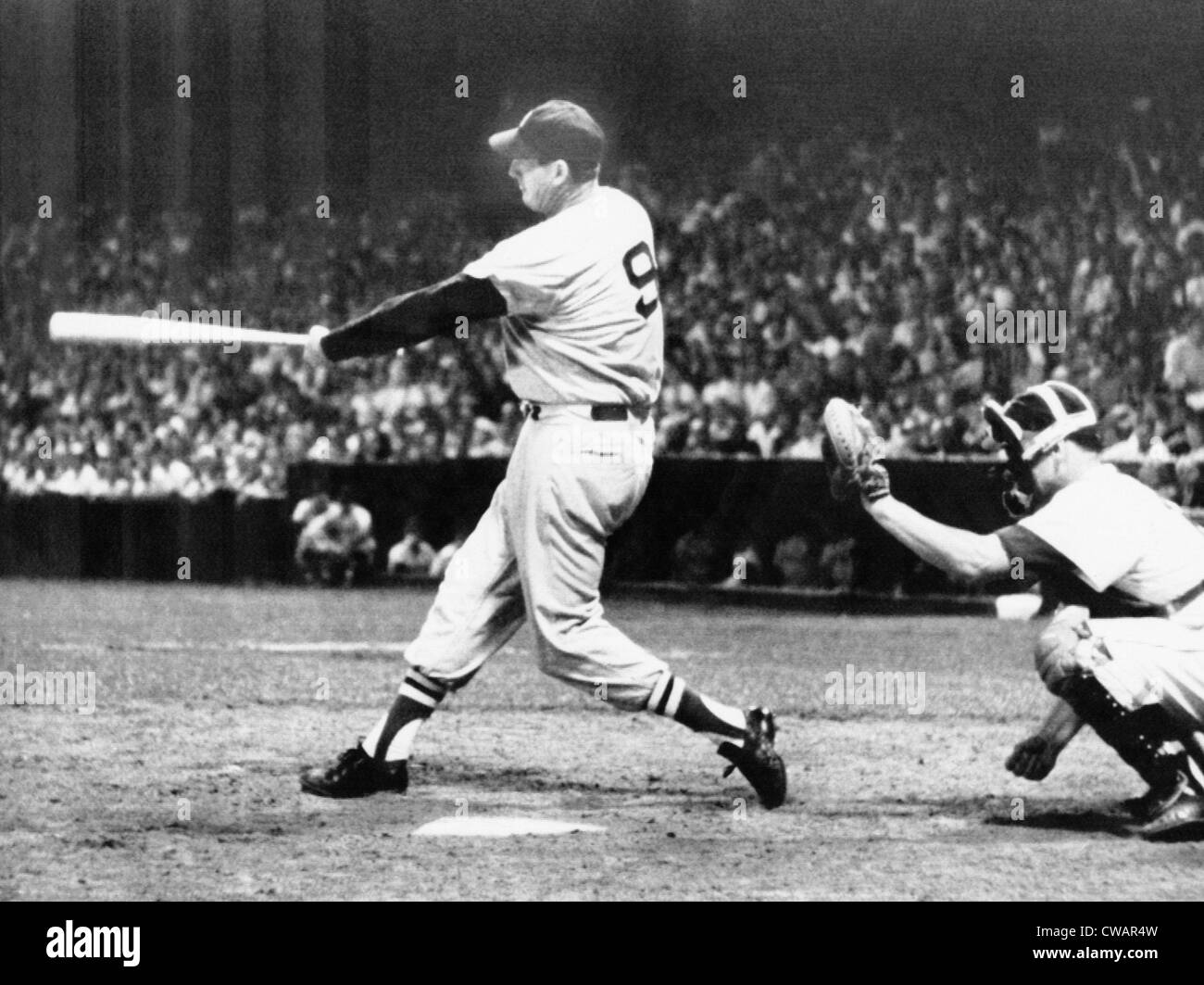 Ted Williams of the Boston Red Sox hitting a Grand Slam home runm tying ...