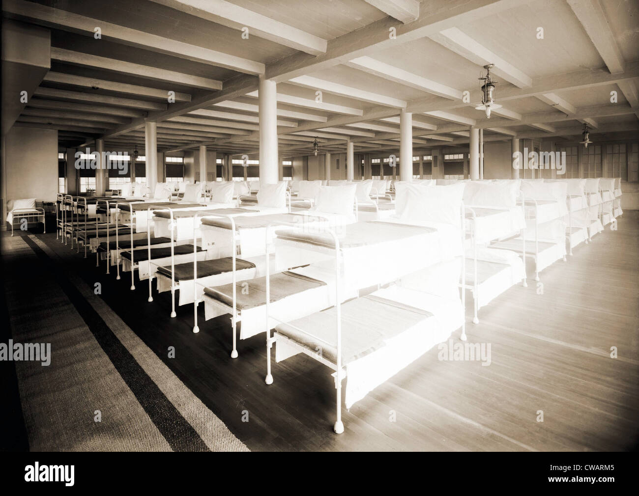 New York City's Municipal Lodging House men's dormitory with rows of ...