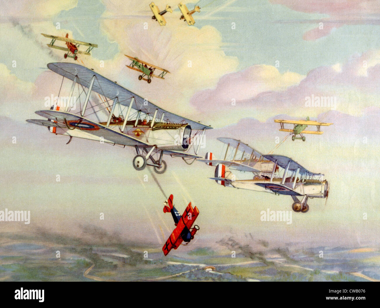 World War I air battle with German Fokker D-7 biplane attacking ...