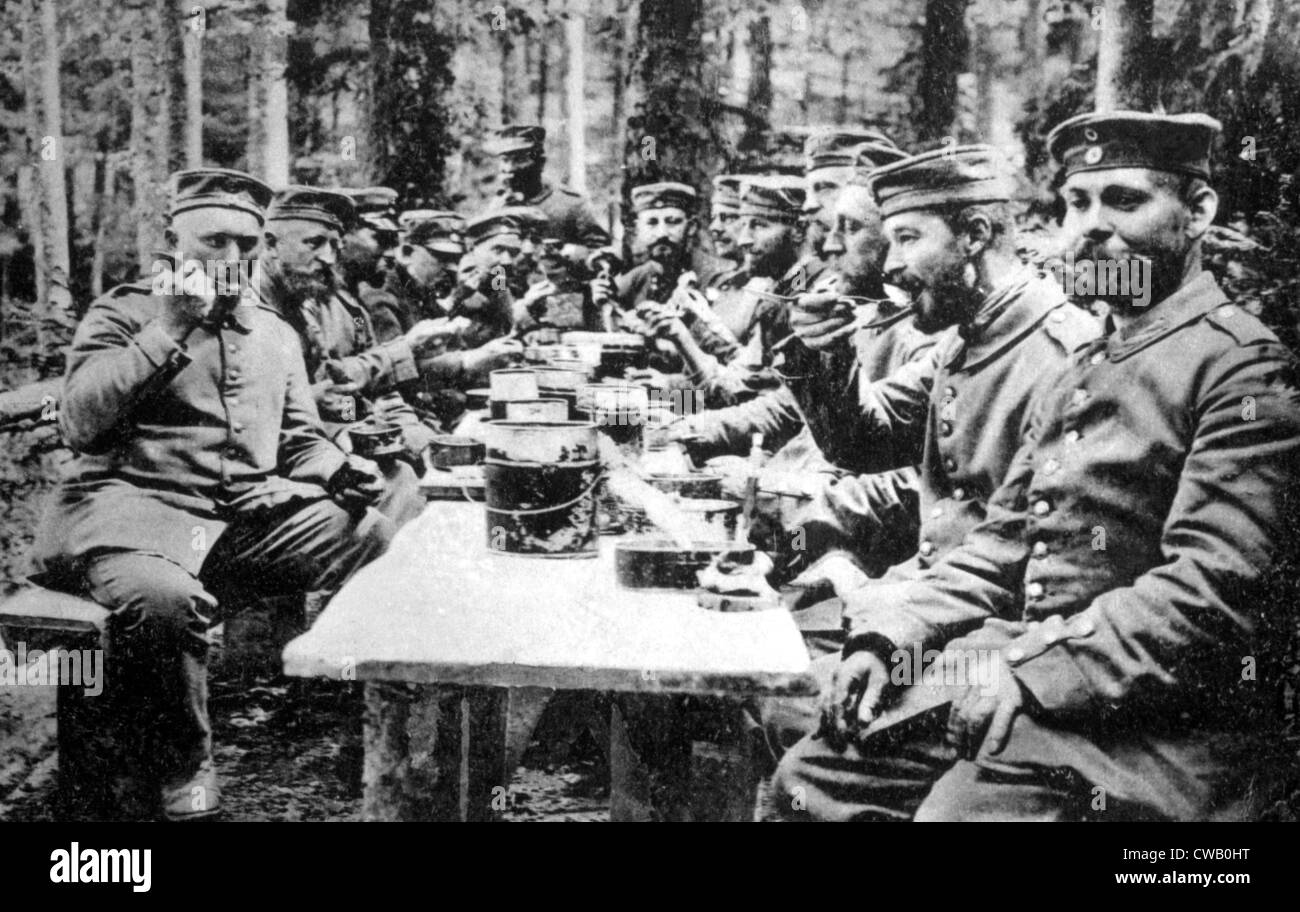 World War I, German soldiers at lunch in the Ardennes Forest, ca. 1914 ...