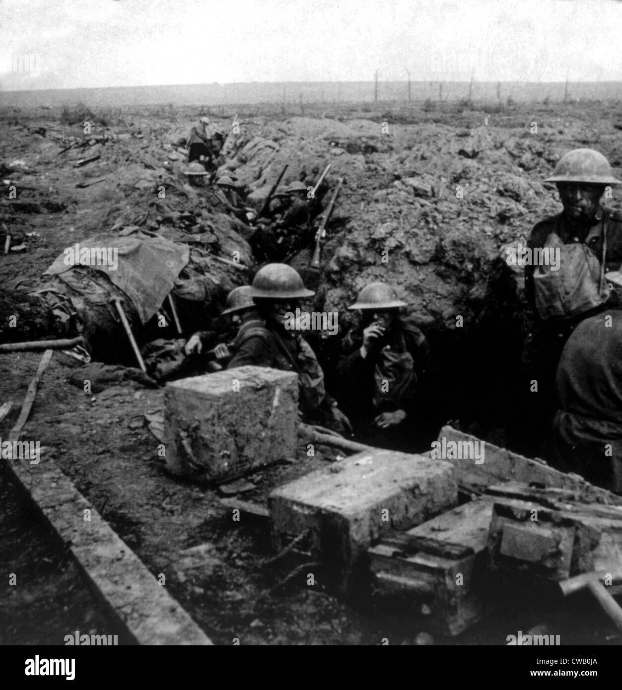 World War I, Scottish soldiers in a trench awaiting a counter-attack ...