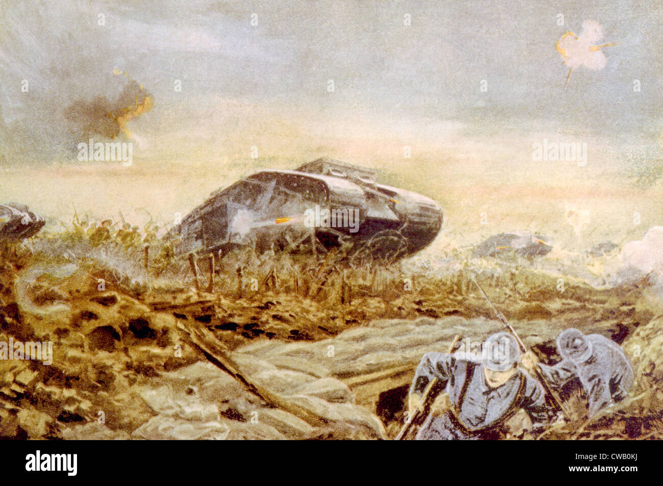 World War I, British tanks advancing towards German trenches near ...