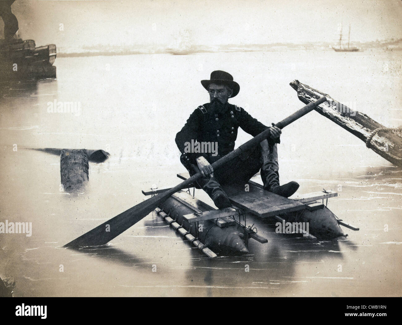 The Civil War, General Herman Haupt (1817-1905), rowing a boat made of ...