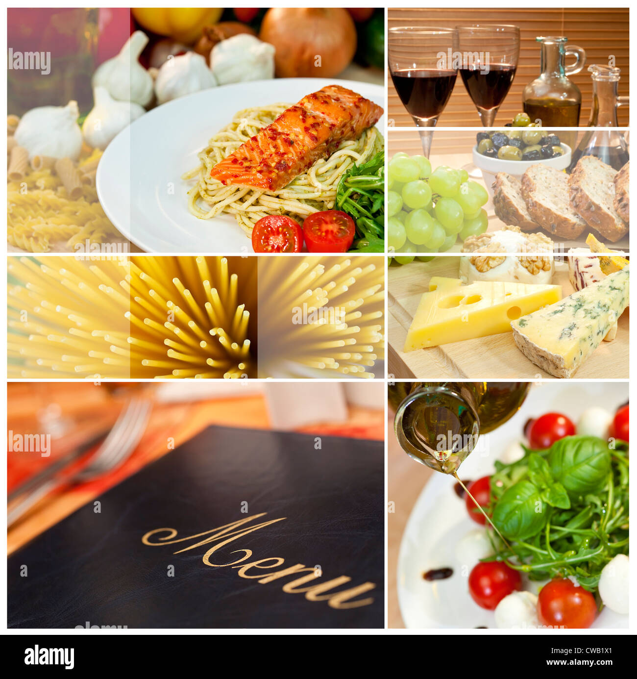 Macro photographs of a fresh food montage, menu salmon cheese wine ...