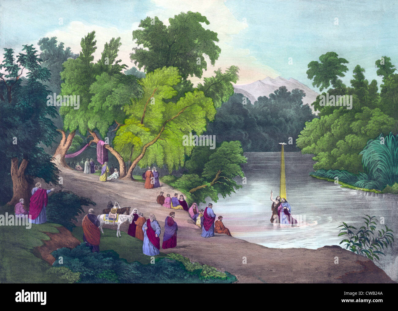 Baptism of Jesus Christ in the River Jordan, print circa 1867 Stock ...