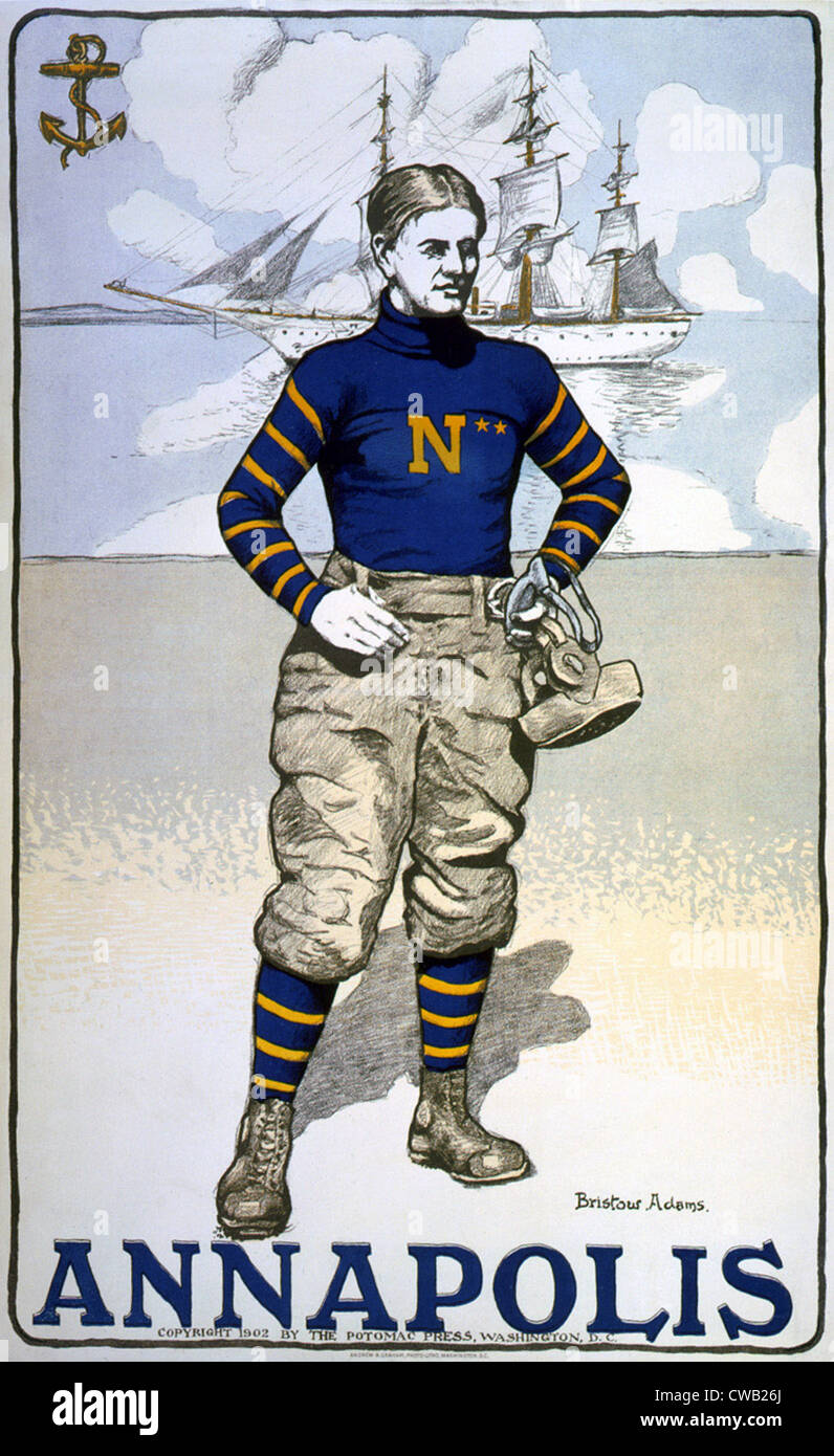 Football. Portrait of a US Naval Academy player, color lithograph ...