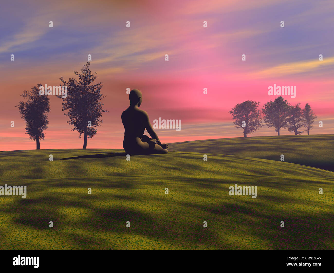 Shadow of a man meditating in the nature, on the grass next to trees by ...