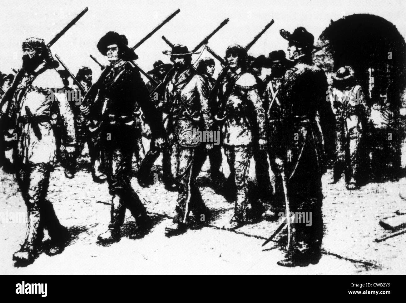 Colonel William Travis standing on the line he drew at the Alamo, March ...