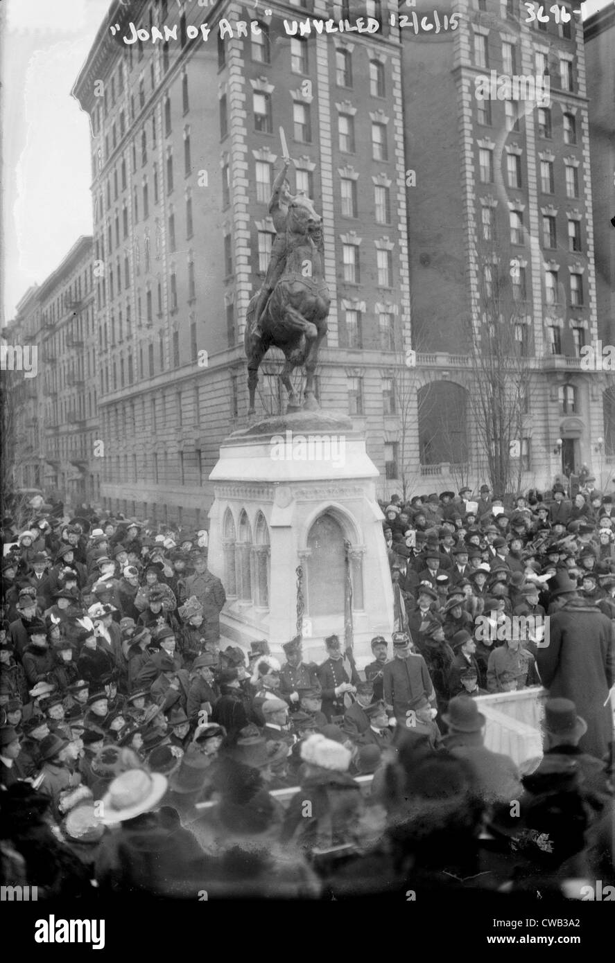 The unveiling of the Joan of Arc Statue, in armor with sword raised, by ...