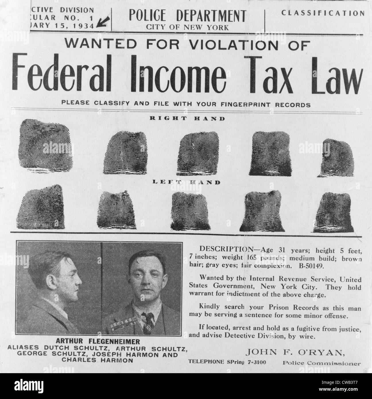 Dutch Schultz, wanted poster with mugshot and fingerprints for Arthur ...