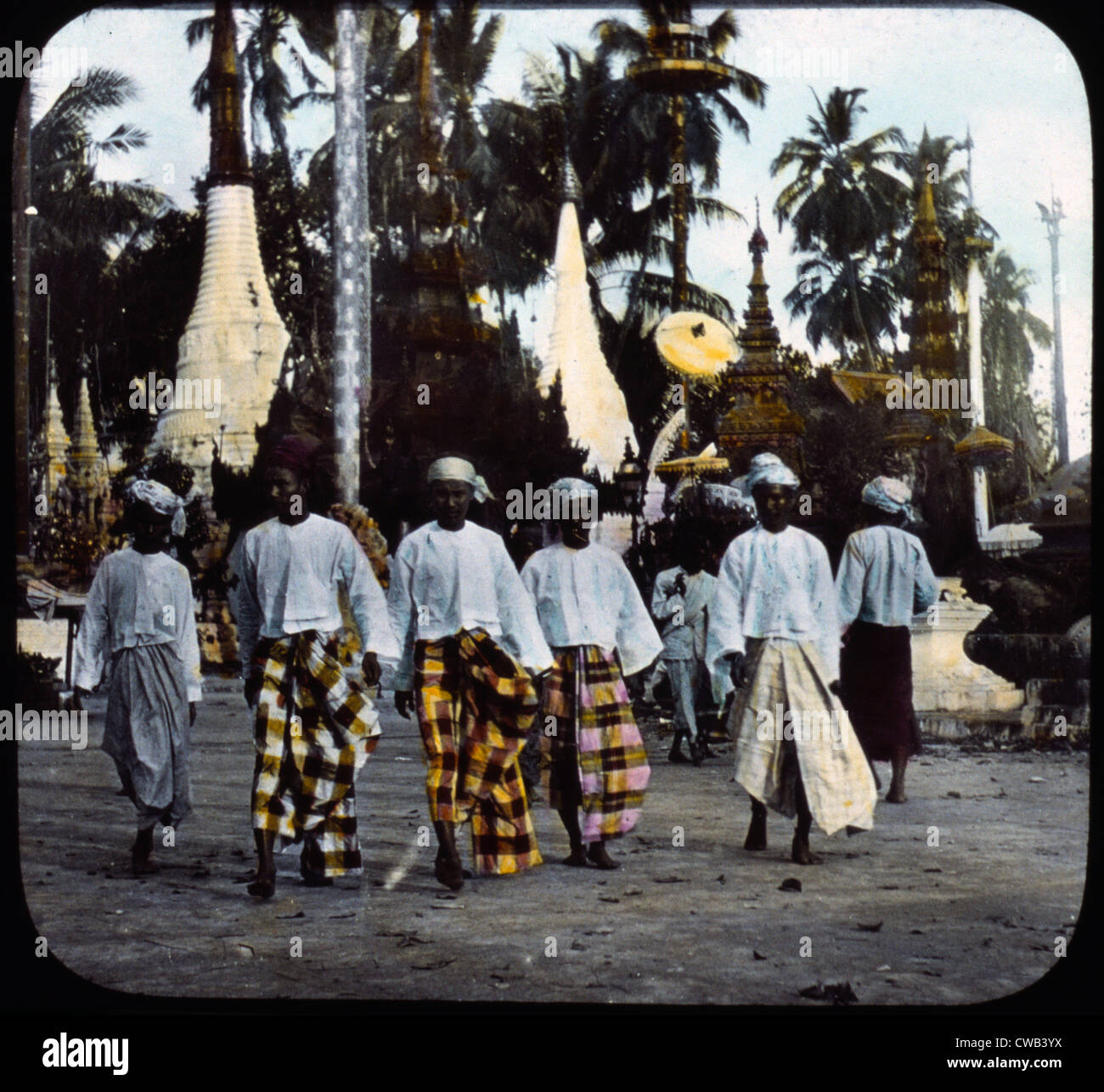 Burma, men walking on street, hand colored lantern slide, photograph by ...