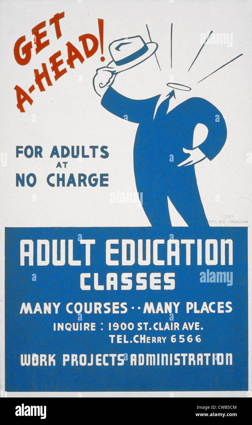 School, Poster encouraging adults to attend adult education classes ...