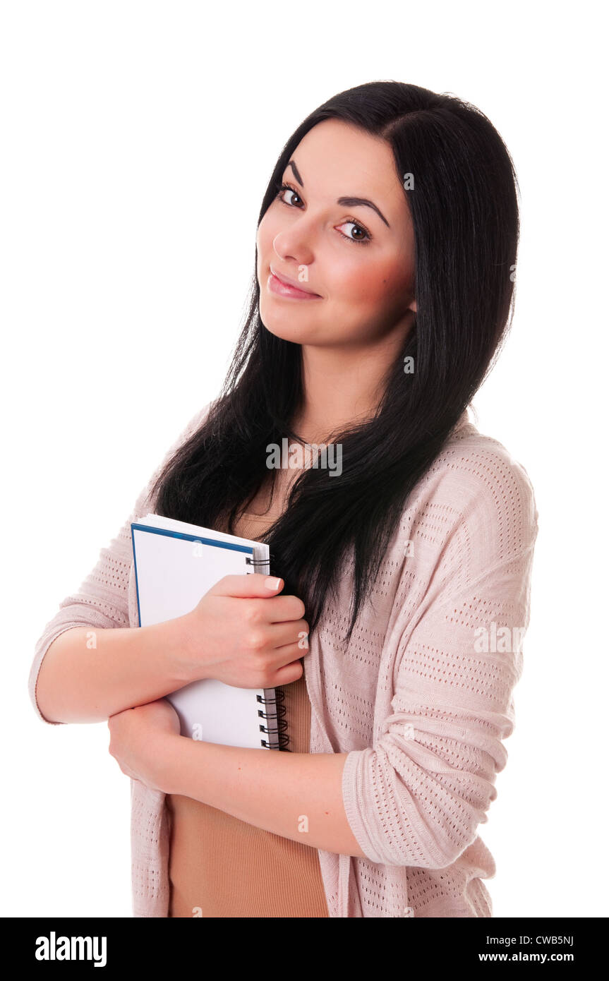 Charming smiling student with notebook isolated on white background ...